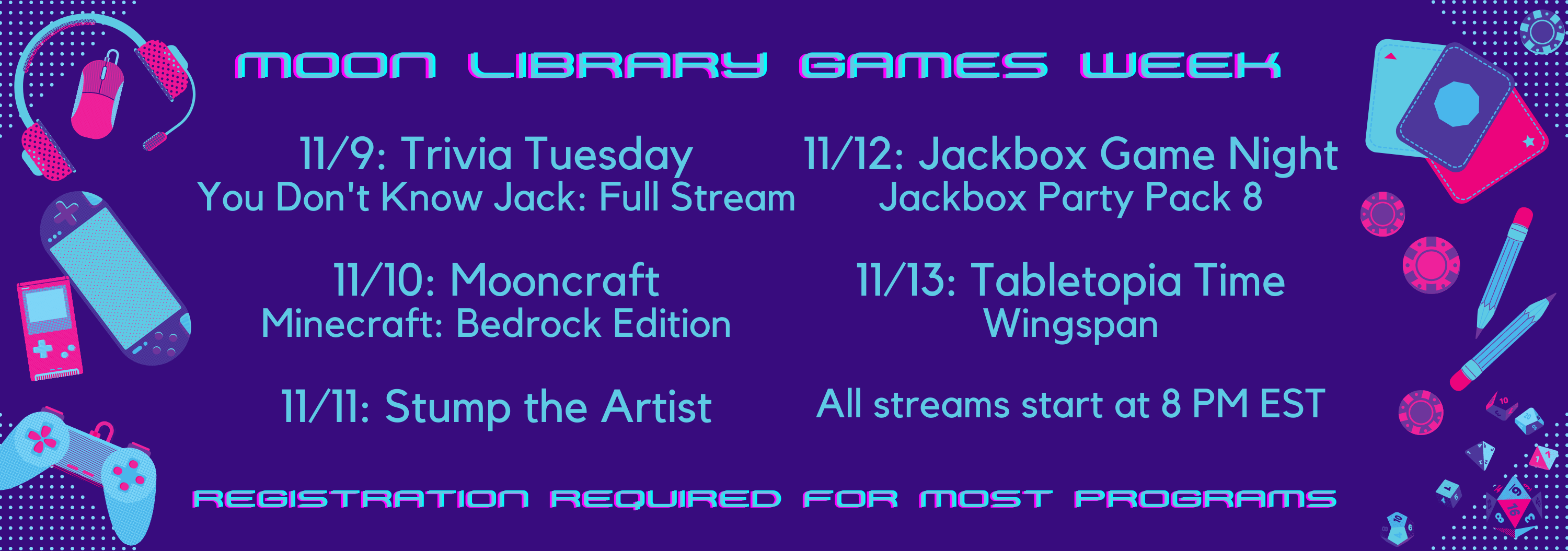 moon library games week schedule banner – Moon Township Public Library